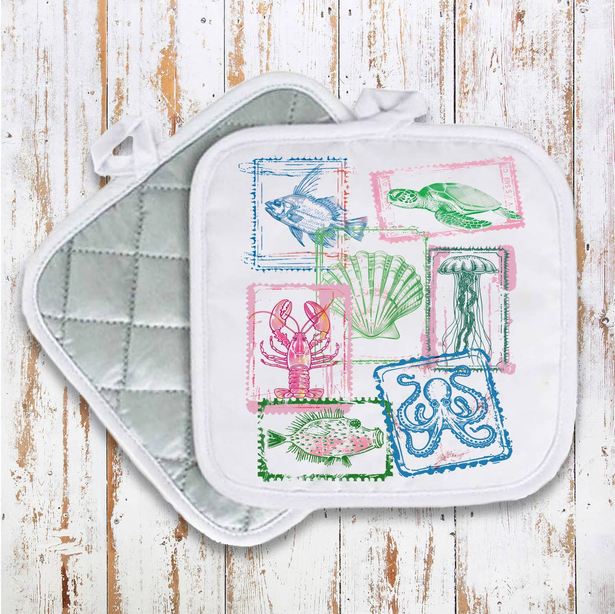 Coastal Beach Collage of Stamps Pot Holder Oven Mitt — Avery Lane Gifts