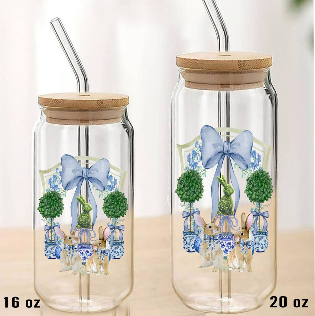 Easter Bunny Topiary Preppy Can Glass with Lid Straw — Avery Lane Gifts