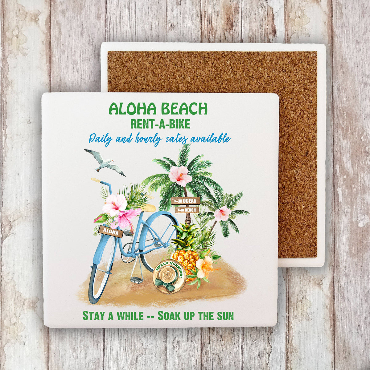 Aloha Beach Ocean Rent A bike Stone Coaster — Avery Lane Gifts