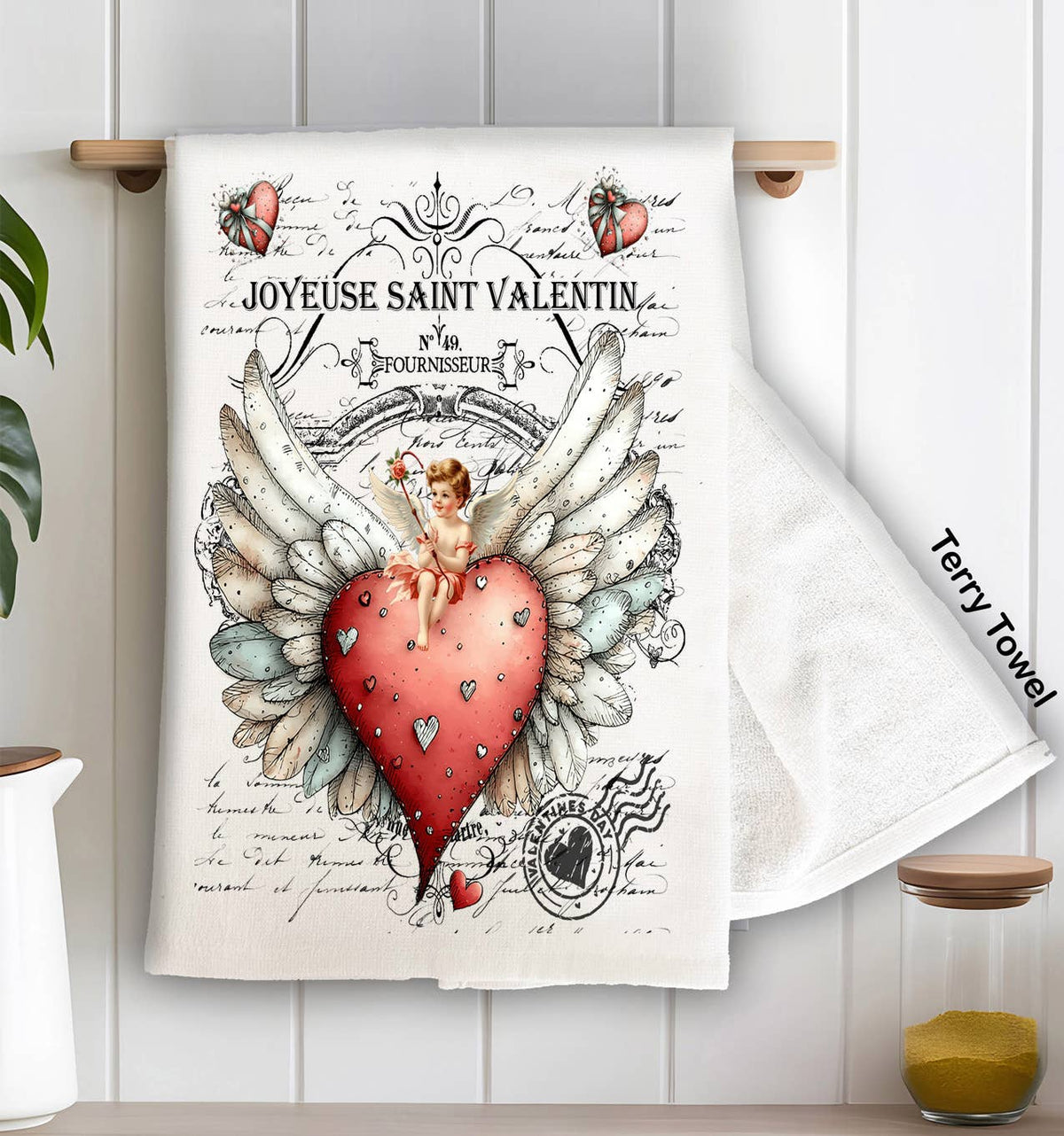 Vintage French Heart Cupid Valentine Kitchen Terry Towel — Avery Lane Gifts