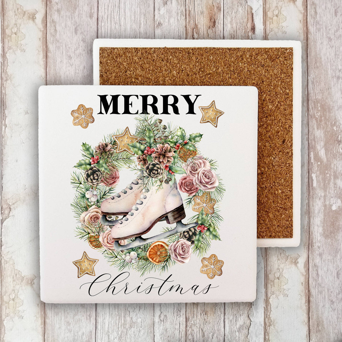 Merry Christmas Ice Skating Wreath Stone Coaster — Avery Lane Gifts