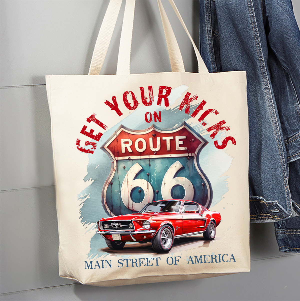 Route 66 Get your Kicks Mustang Canvas Tote Bag — Avery Lane Gifts