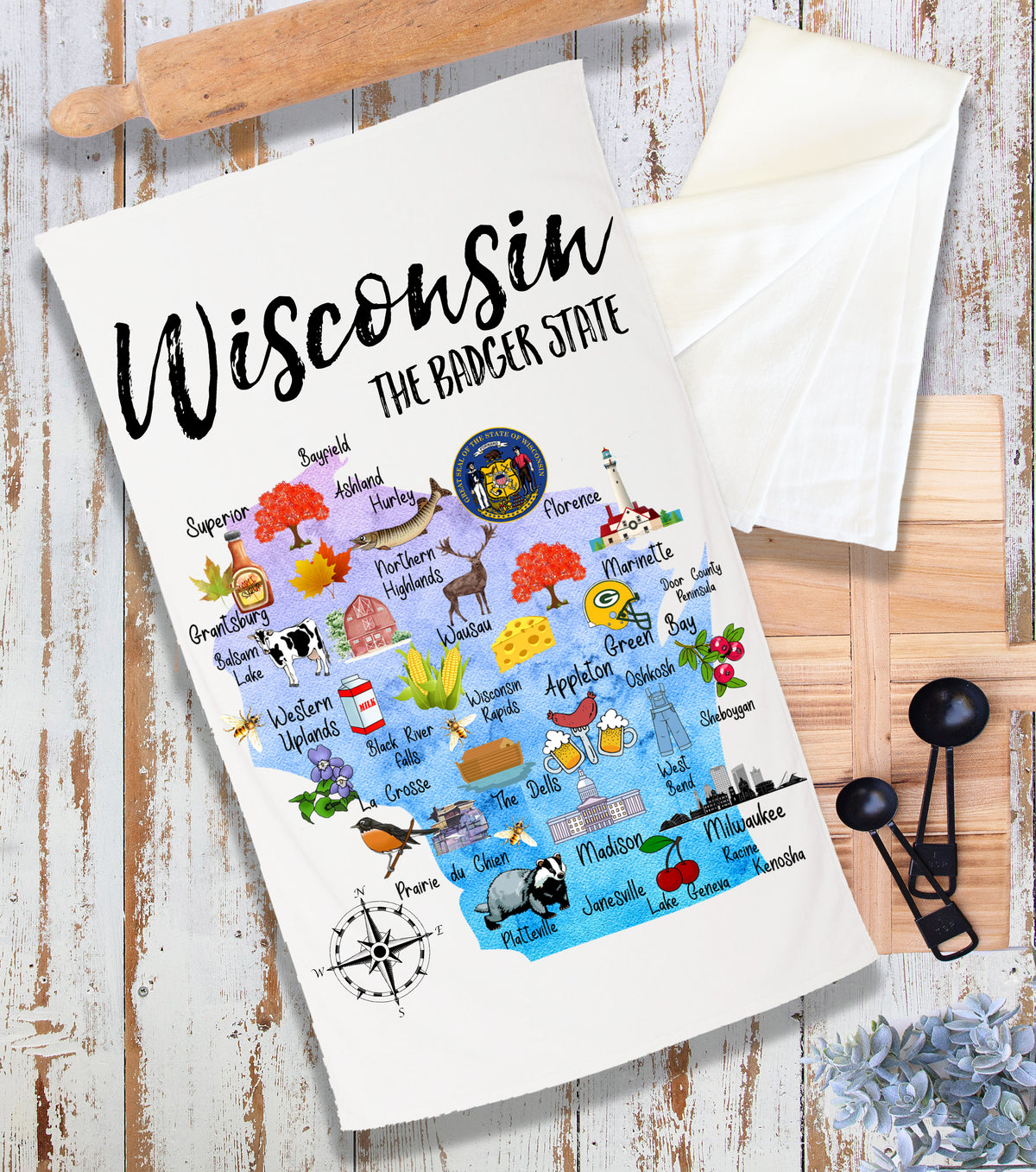 Wisconsin State Map Souvenir Kitchen Terry Cloth Towels — Avery Lane Gifts
