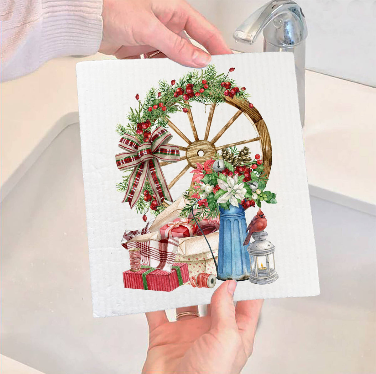 Christmas Wagon Wheel Presents Cardinal SWEDISH DISH CLOTH — Avery Lane ...